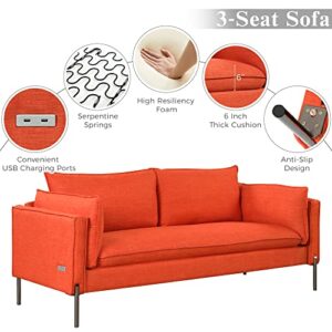 Harper & Bright Designs Linen Fabric 3 Seat Sofa with USB Charging Ports, Morden Style Upholstered 3-Seat Couch for Living Room, Apartment (3 Seat, Orange)