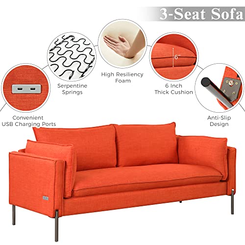 Harper & Bright Designs Linen Fabric 3 Seat Sofa with USB Charging Ports, Morden Style Upholstered 3-Seat Couch for Living Room, Apartment (3 Seat, Orange)