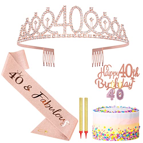 MVUOCR 40th Birthday Decorations Gifts for Women, 40th Birthday Crown/Tiara and 40 Birthday Sash, Cake Toppers Birthday Candle, Rose Gold 40 Birthday Decorations Party Accessories for Women