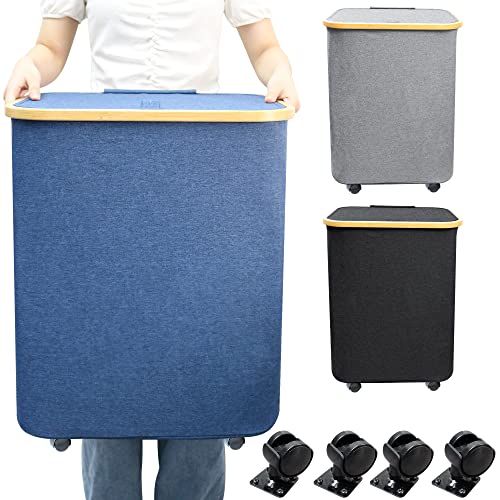 70L Laundry Hamper with Wheels, Collapsible Round Laundry Basket with Lid, Easy Transportation Laundry Organizer with Bamboo Handle for Living Room, Bedroom (Blue)