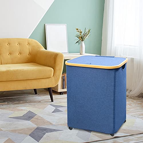 70L Laundry Hamper with Wheels, Collapsible Round Laundry Basket with Lid, Easy Transportation Laundry Organizer with Bamboo Handle for Living Room, Bedroom (Blue)