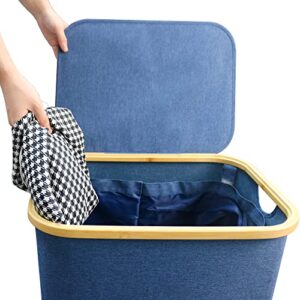 70L Laundry Hamper with Wheels, Collapsible Round Laundry Basket with Lid, Easy Transportation Laundry Organizer with Bamboo Handle for Living Room, Bedroom (Blue)