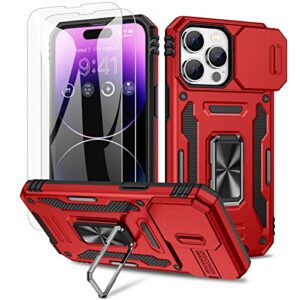 maxdara for iphone 14 pro max camera cover case with screen protector, with built-in 360° rotate ring stand magnetic car mount cover case for iphone 14 pro max 6.7 inch, red