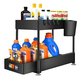 under sink organizer, 2 tier bathroom organizer under sink with hooks, hanging cup, under kitchen sink organizer and storage, under sink slide-out drawer organizer black