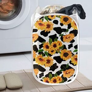 NRBEAWD Cow Sunflowers Popup Mesh Laundry Basket, Collapsible Clothes Washing Laundry Hamper,Portable Decorative Basket with Handles(61L,85L)