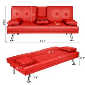 Lamerge Faux Leather Futon Sofa Bed Upholstered Modern Convertible Small Couch Adjustable Sleeper for Compact Living Space,Removable Armrests,Metal Legs,2 Cupholders, Red, 65.7''L x 18.8''W x 29.5''H