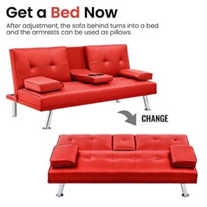 Lamerge Faux Leather Futon Sofa Bed Upholstered Modern Convertible Small Couch Adjustable Sleeper for Compact Living Space,Removable Armrests,Metal Legs,2 Cupholders, Red, 65.7''L x 18.8''W x 29.5''H