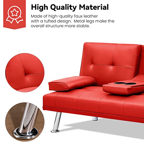 Lamerge Faux Leather Futon Sofa Bed Upholstered Modern Convertible Small Couch Adjustable Sleeper for Compact Living Space,Removable Armrests,Metal Legs,2 Cupholders, Red, 65.7''L x 18.8''W x 29.5''H