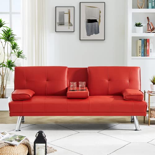 Lamerge Faux Leather Futon Sofa Bed Upholstered Modern Convertible Small Couch Adjustable Sleeper for Compact Living Space,Removable Armrests,Metal Legs,2 Cupholders, Red, 65.7''L x 18.8''W x 29.5''H