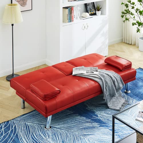 Lamerge Faux Leather Futon Sofa Bed Upholstered Modern Convertible Small Couch Adjustable Sleeper for Compact Living Space,Removable Armrests,Metal Legs,2 Cupholders, Red, 65.7''L x 18.8''W x 29.5''H