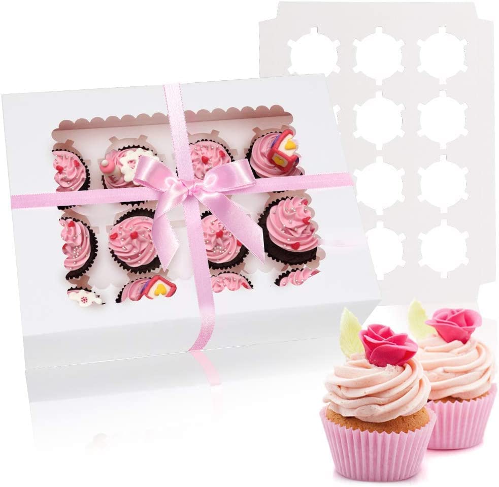 Rarapop 25-Set Cupcake Boxes Hold 12 Standard Cupcakes, Food Grade Cupcake Holders Bakery Carrier Boxes with Windows and Inserts for Cupcakes, Muffins and Pastries