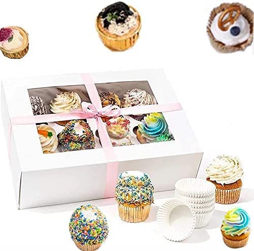 Rarapop 25-Set Cupcake Boxes Hold 12 Standard Cupcakes, Food Grade Cupcake Holders Bakery Carrier Boxes with Windows and Inserts for Cupcakes, Muffins and Pastries