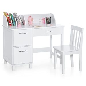 costzon kids desk and chair set, children wooden school learning table w/drawer & storage cabinets, student writing computer workstation for bedroom & study room, gift for ages 3-8 (white)