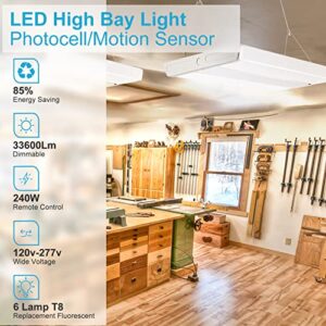 Lightdot Multifunction 4FT LED High Bay Light, Timer/Motion Distance Adjustable Commercial Bay LED Shop Lights, 240W (960W HPS Eqv), Remote Control Energy Saving Upto 9000KW*4/5Yrs(5Hrs/Day)-4Pack