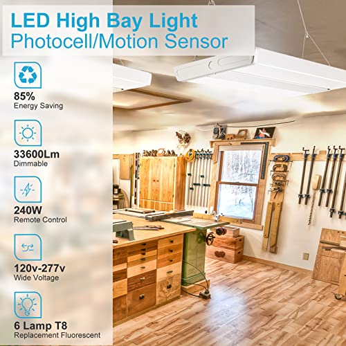 Lightdot Multifunction 4FT LED High Bay Light, Timer/Motion Distance Adjustable Commercial Bay LED Shop Lights, 240W (960W HPS Eqv), Remote Control Energy Saving Upto 9000KW*4/5Yrs(5Hrs/Day)-4Pack