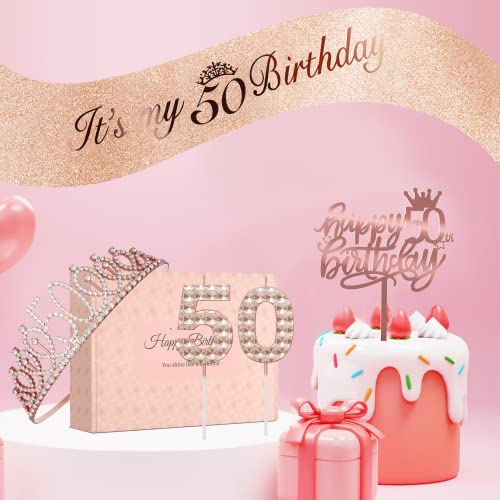 50th Birthday Decorations Women, Fusisi 50th Birthday Sash, Crown/Tiara, 50th Candles and Happy Birthday Cake Toppers - 50th Birthday Gifts for Women, Rose Gold