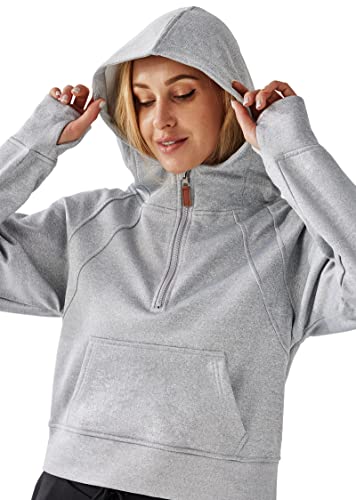 URBEST Women's Hoodies Fleece Lined Collar Pullover Half Zipper Sweatshirts Long Sleeve Crop Sweater Tops with Thumb Hole LIGHT GREY S