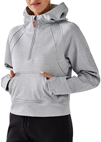 URBEST Women's Hoodies Fleece Lined Collar Pullover Half Zipper Sweatshirts Long Sleeve Crop Sweater Tops with Thumb Hole LIGHT GREY S