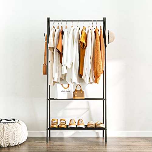 FANHAO Clothing Rack for Hanging Clothes, Sturdy Stainless Steel Clothes Rack with 2-Tier Shelf and 4 Hooks, Freestanding Garment Rack, Easy to Assemble Hanger Rack, Matte Black