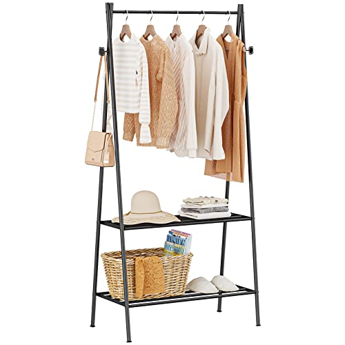 FANHAO Clothing Rack for Hanging Clothes, Sturdy Stainless Steel Clothes Rack with 2-Tier Shelf and 4 Hooks, Freestanding Garment Rack, Easy to Assemble Hanger Rack, Matte Black