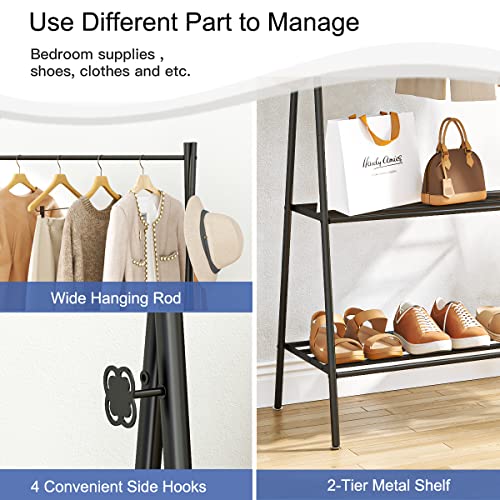 FANHAO Clothing Rack for Hanging Clothes, Sturdy Stainless Steel Clothes Rack with 2-Tier Shelf and 4 Hooks, Freestanding Garment Rack, Easy to Assemble Hanger Rack, Matte Black