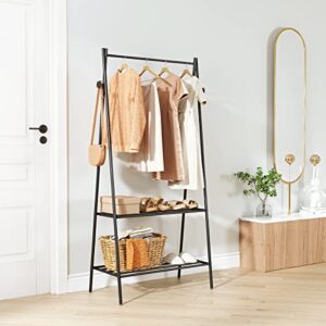 FANHAO Clothing Rack for Hanging Clothes, Sturdy Stainless Steel Clothes Rack with 2-Tier Shelf and 4 Hooks, Freestanding Garment Rack, Easy to Assemble Hanger Rack, Matte Black