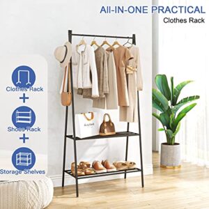 FANHAO Clothing Rack for Hanging Clothes, Sturdy Stainless Steel Clothes Rack with 2-Tier Shelf and 4 Hooks, Freestanding Garment Rack, Easy to Assemble Hanger Rack, Matte Black