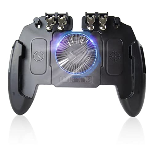 JRSHOME Mobile Game Controller with Cooling Fan/Phone Holder/Finger Sleeves for PUBG/Fortnite/Call of Duty, Mobile Triggers for 4.7”-6.5” iOS Android Phones