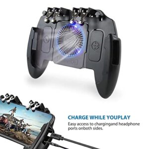 JRSHOME Mobile Game Controller with Cooling Fan/Phone Holder/Finger Sleeves for PUBG/Fortnite/Call of Duty, Mobile Triggers for 4.7”-6.5” iOS Android Phones