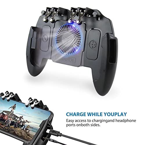 JRSHOME Mobile Game Controller with Cooling Fan/Phone Holder/Finger Sleeves for PUBG/Fortnite/Call of Duty, Mobile Triggers for 4.7”-6.5” iOS Android Phones