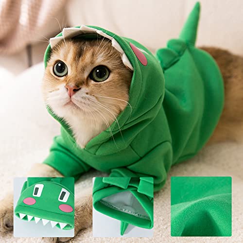 Petvins Small Dog & Cat Winter Clothes Green Dinosaur Pet Soft Hoodies Cute Cold Weather Costume for Kitten and Puppy