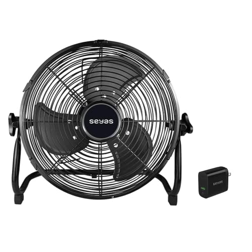 SEYAS Rechargeable Outdoor Floor Fan, 12'' Portable 5200mAh Battery Operated Fan, 30W Wall Charger 2 Port Power Adapter