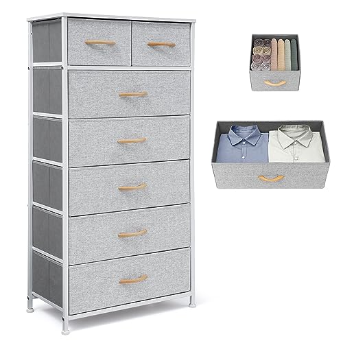 VredHom Tall Dressers for Bedroom, 7 Drawers Dresser Fabric Storage Closets Storage Units Organizer Tower Steel Frame Wooden Top for Bedroom, Hallway,Nursery, Entryway(Light Grey)