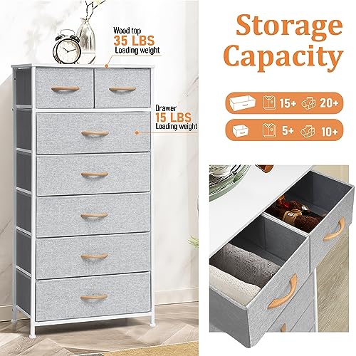 VredHom Tall Dressers for Bedroom, 7 Drawers Dresser Fabric Storage Closets Storage Units Organizer Tower Steel Frame Wooden Top for Bedroom, Hallway,Nursery, Entryway(Light Grey)