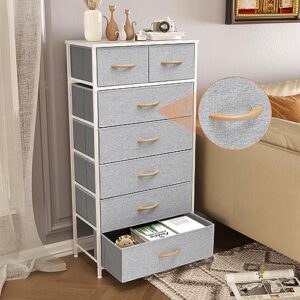 VredHom Tall Dressers for Bedroom, 7 Drawers Dresser Fabric Storage Closets Storage Units Organizer Tower Steel Frame Wooden Top for Bedroom, Hallway,Nursery, Entryway(Light Grey)