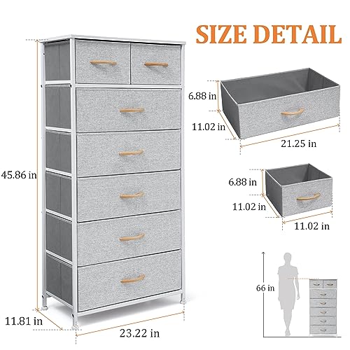 VredHom Tall Dressers for Bedroom, 7 Drawers Dresser Fabric Storage Closets Storage Units Organizer Tower Steel Frame Wooden Top for Bedroom, Hallway,Nursery, Entryway(Light Grey)