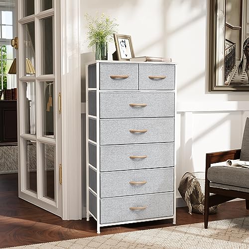 VredHom Tall Dressers for Bedroom, 7 Drawers Dresser Fabric Storage Closets Storage Units Organizer Tower Steel Frame Wooden Top for Bedroom, Hallway,Nursery, Entryway(Light Grey)