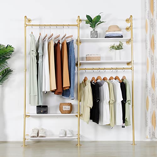 EDCB Gold Clothing Rack Heavy Duty Garment Rack with 4 Tier Shelves, Free-Standing Industrial Pipe Clothes Rack Display Rack On Wall for Hanging Clothes Retail Display, Boutiques