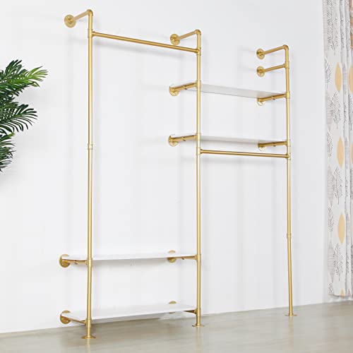 EDCB Gold Clothing Rack Heavy Duty Garment Rack with 4 Tier Shelves, Free-Standing Industrial Pipe Clothes Rack Display Rack On Wall for Hanging Clothes Retail Display, Boutiques