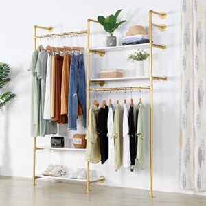 EDCB Gold Clothing Rack Heavy Duty Garment Rack with 4 Tier Shelves, Free-Standing Industrial Pipe Clothes Rack Display Rack On Wall for Hanging Clothes Retail Display, Boutiques