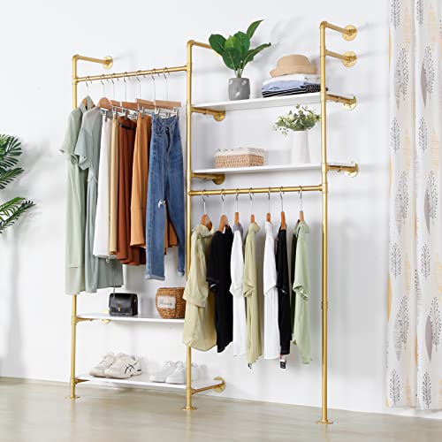 EDCB Gold Clothing Rack Heavy Duty Garment Rack with 4 Tier Shelves, Free-Standing Industrial Pipe Clothes Rack Display Rack On Wall for Hanging Clothes Retail Display, Boutiques