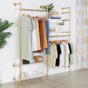 EDCB Gold Clothing Rack Heavy Duty Garment Rack with 4 Tier Shelves, Free-Standing Industrial Pipe Clothes Rack Display Rack On Wall for Hanging Clothes Retail Display, Boutiques