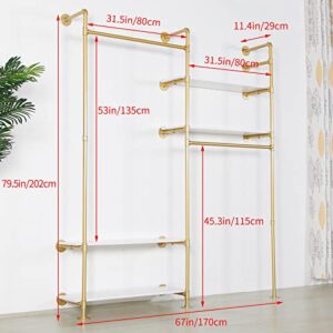 EDCB Gold Clothing Rack Heavy Duty Garment Rack with 4 Tier Shelves, Free-Standing Industrial Pipe Clothes Rack Display Rack On Wall for Hanging Clothes Retail Display, Boutiques