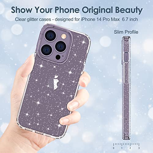 Hython Case for iPhone 14 Pro Max Case Glitter, Cute Sparkly Clear Glitter Shiny Bling Sparkle Cover, Anti-Scratch Hard PC Slim Fit Shockproof Protective Phone Cases for Women Girls, Clear Glitter