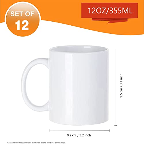 Nubaka 12oz Sublimation Mugs Blank Porcelain Mugs Classic Drinking Cups with Handles, Mugs for Cappuccino, Espresso, Latte, Cocoa, Milk, Tea, Mug DIY Gifts Set of 12