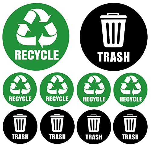 Recycle Sticker for Trash Can 10 Pack Recycle and Trash Logo Symbol Self Adhesive Trash Sign Decals Waterproof PVC Garbage Can Labels (Green, Black, 5X 5 Inches Round)