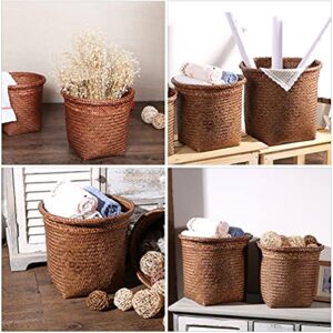 Zerodeko Straw Woven Wastebasket, Small Trash Can Decorative Sundries Storage Basket Wicker Garbage Bin Round Organizer Holder for Bathroom, Kitchen, Bedroom, Home, Office (L SIze)