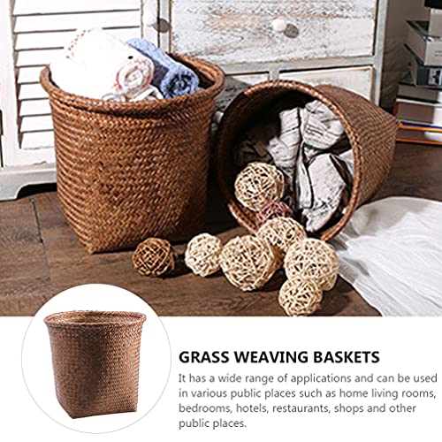 Zerodeko Straw Woven Wastebasket, Small Trash Can Decorative Sundries Storage Basket Wicker Garbage Bin Round Organizer Holder for Bathroom, Kitchen, Bedroom, Home, Office (L SIze)