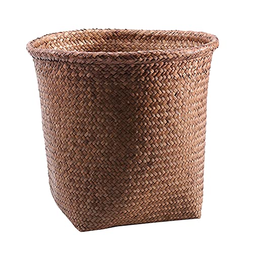 Zerodeko Straw Woven Wastebasket, Small Trash Can Decorative Sundries Storage Basket Wicker Garbage Bin Round Organizer Holder for Bathroom, Kitchen, Bedroom, Home, Office (M Size)