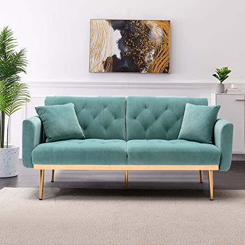 HomSof Blue Loveseat Sleeper Bed, Small Couch for Bedroom, 2 Seater Mid Century Modern Velvet Sofa with Metal Legs, Two Size